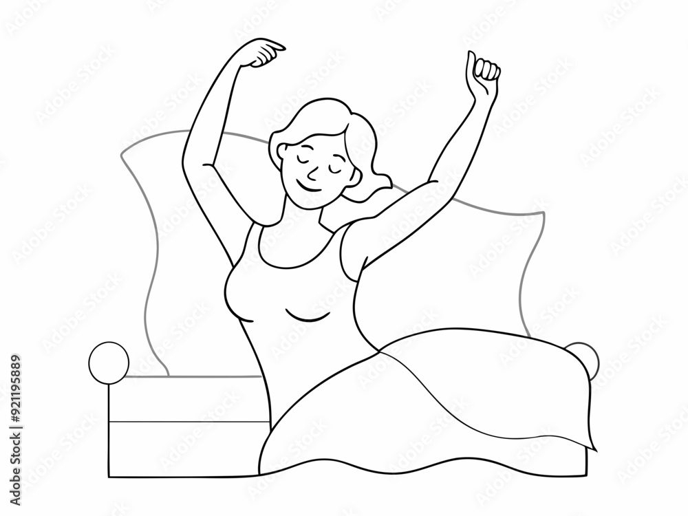 continuous single line drawing of woman stretching in bed after waking ...