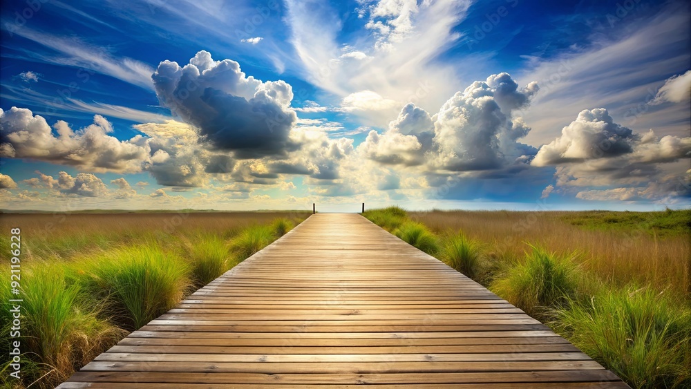 Beautiful wooden pathway leading up to the sky among the fluffy clouds ...