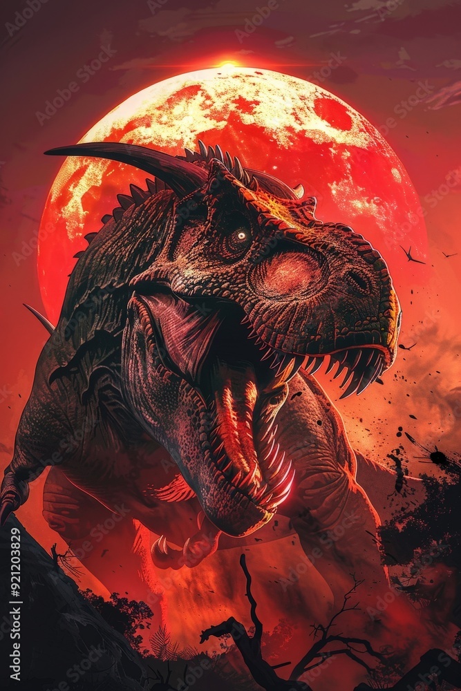 A horrific vision of a horned, demonic Tyrannosaurus Rex roars fiercely ...