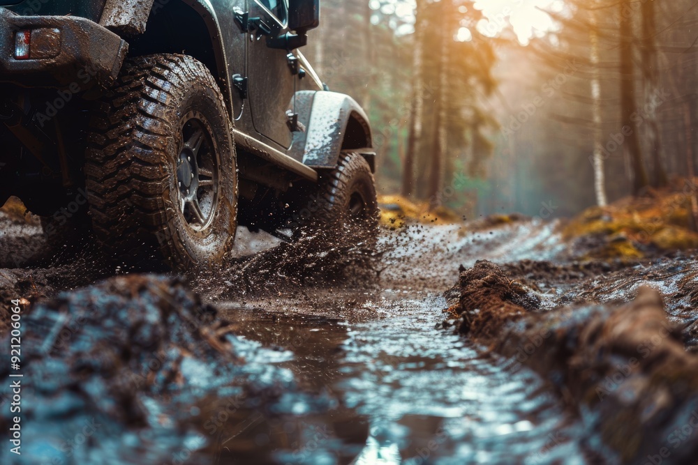 Off-Road Adventure: Rugged Vehicle Traversing Muddy Terrain with ...