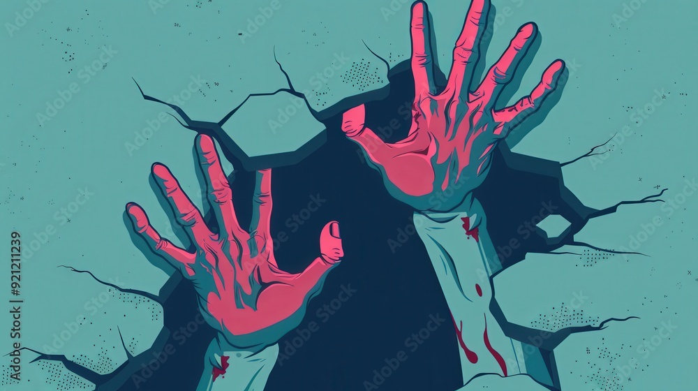 Emerging Undead, a flat design illustration depicting zombie hands ...