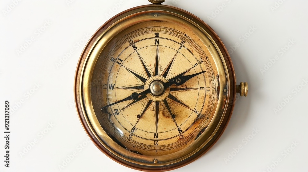 A vintage nautical clock, with a brass frame and compass points ...