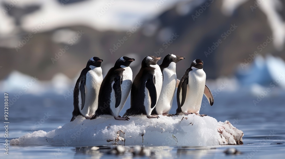 Five penguins standing in a line on an ice chunk amidst a snowy and icy ...