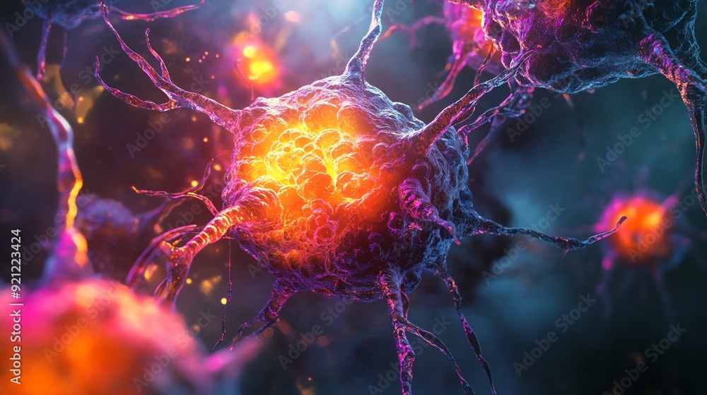 A vibrant and detailed image of neural network cells glowing with ...