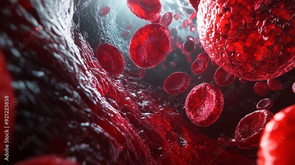 3D illustration of red blood cells flowing inside a blood vessel ...