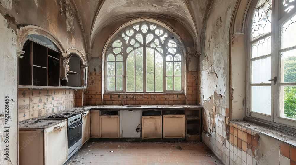 The neglected kitchen with scratched walls, broken tiles and outdated ...