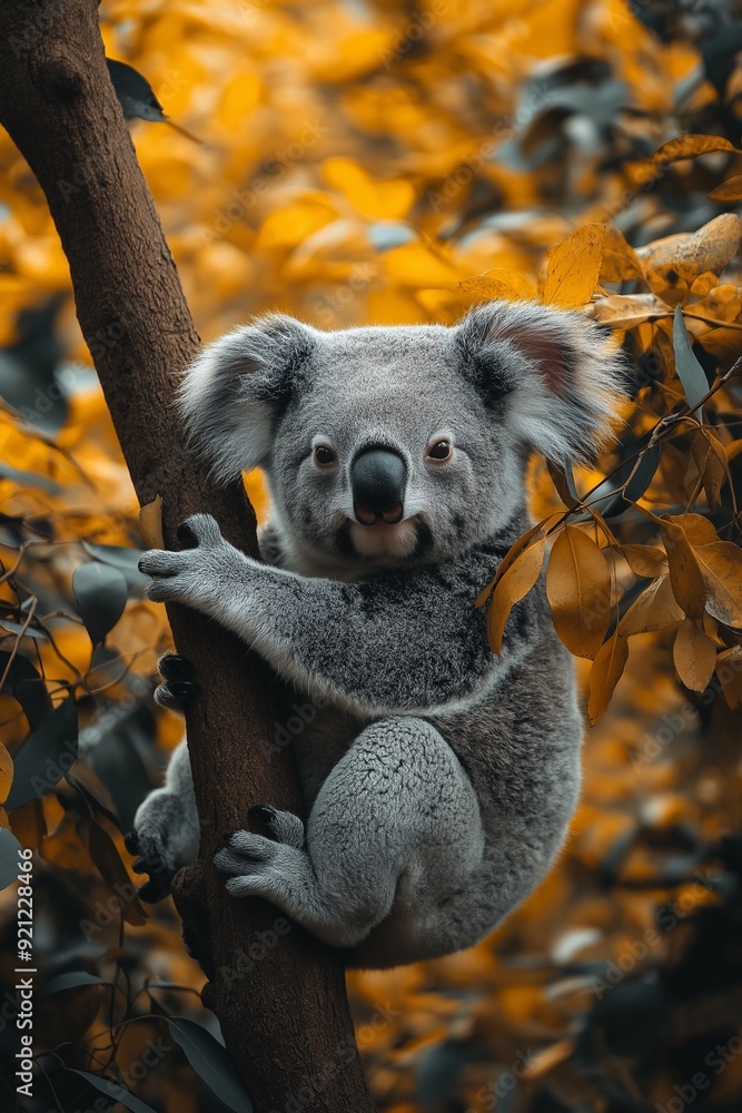 Koala holding on to a tree with autumn leaves background, emphasizing ...