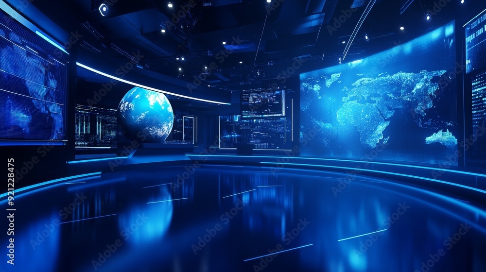 A futuristic news studio with a blue and white color scheme, featuring ...