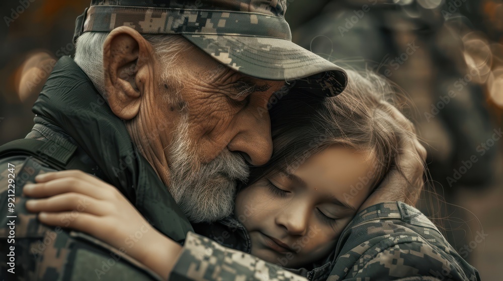 AI Image. Senior military veteran hugging his granddaughter which is ...