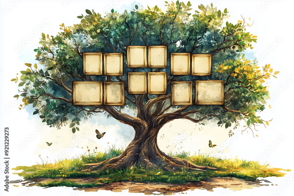 A wide nature-inspired family tree template with empty cells for user ...