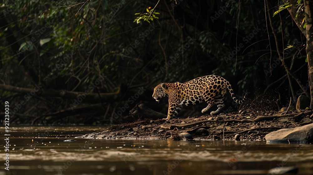 A jaguar hunting along a riverbank in the dense jungle, its powerful ...