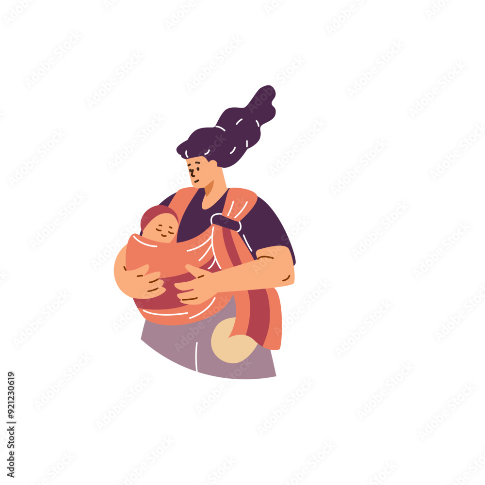 Young mother carrying baby in sling, vector cartoon happy parent woman ...