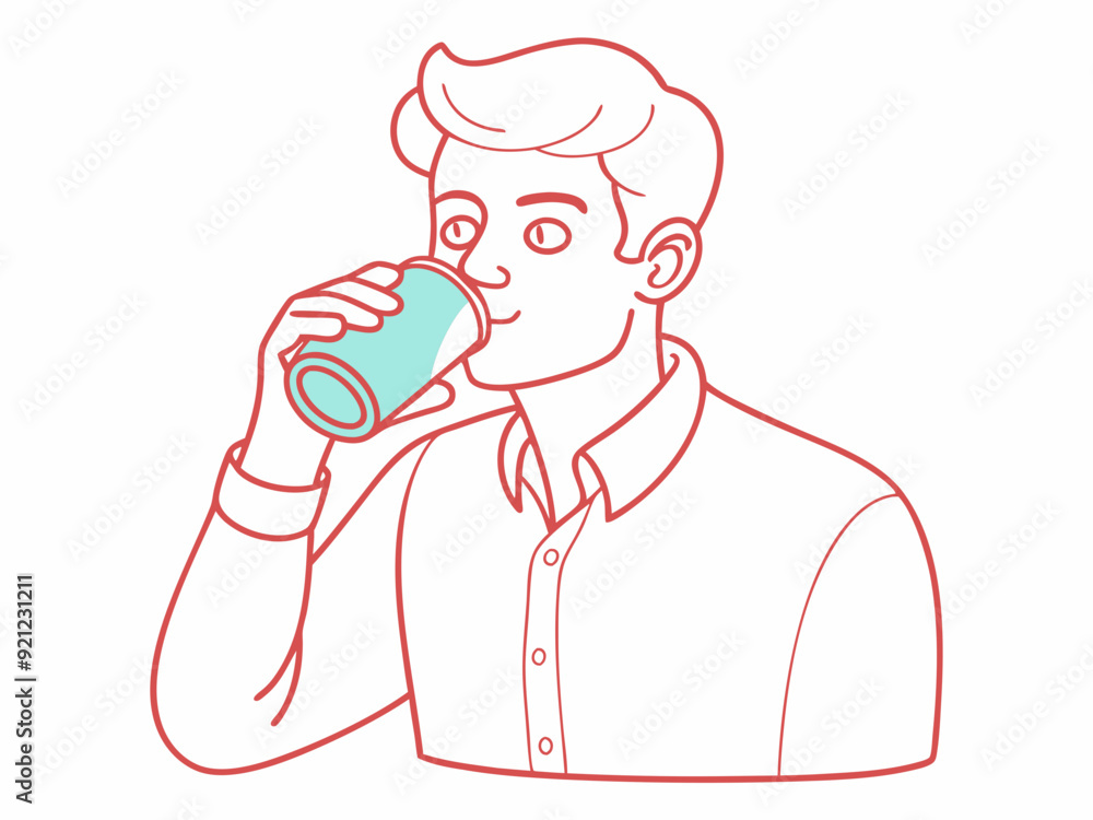 continuous single line drawing of man drinking from soda can, line art ...