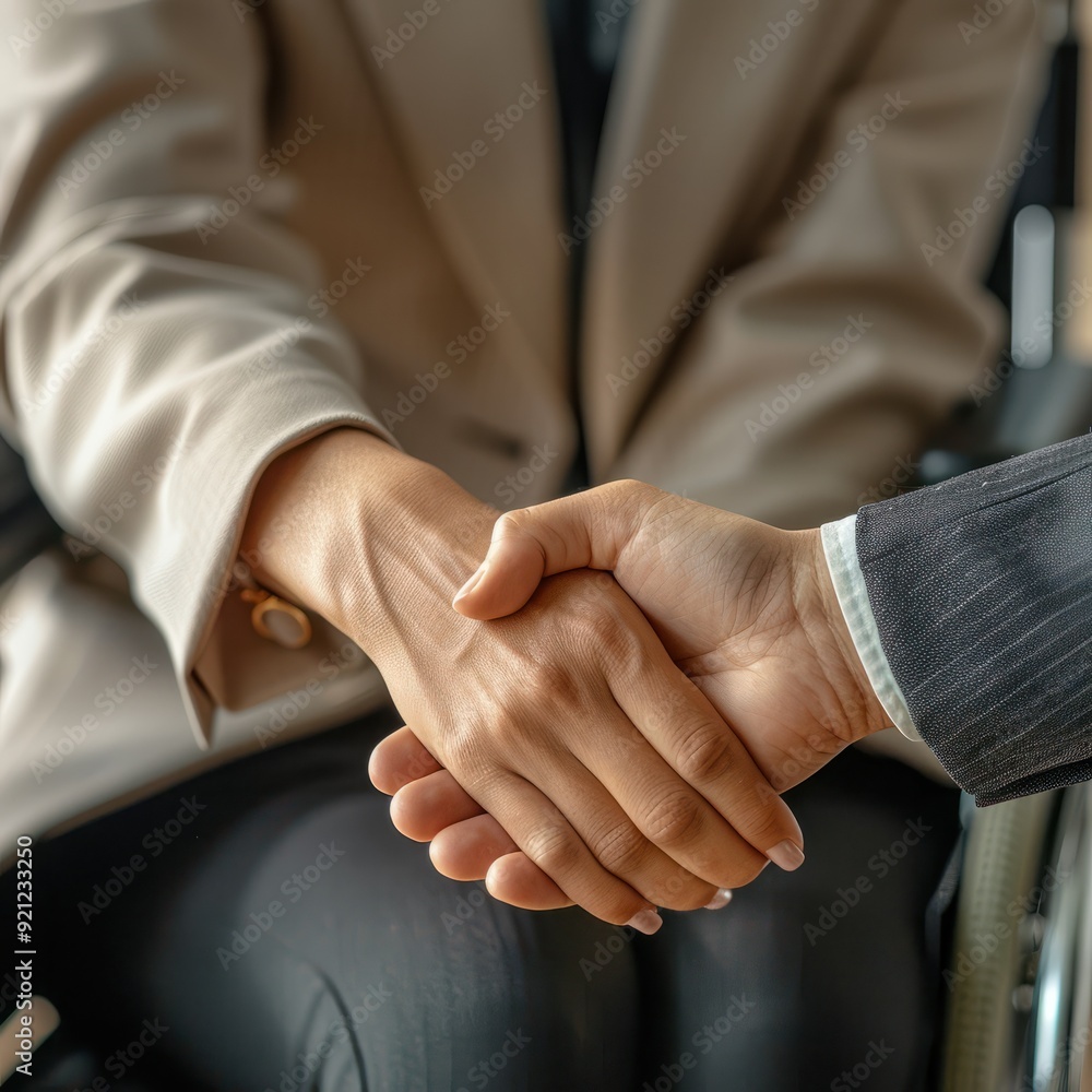Close up of a handshake in a corporate business environment, woman in a ...
