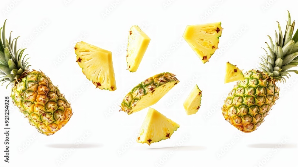 Pineapple slices and pineapple pieces levitating in air on white ...
