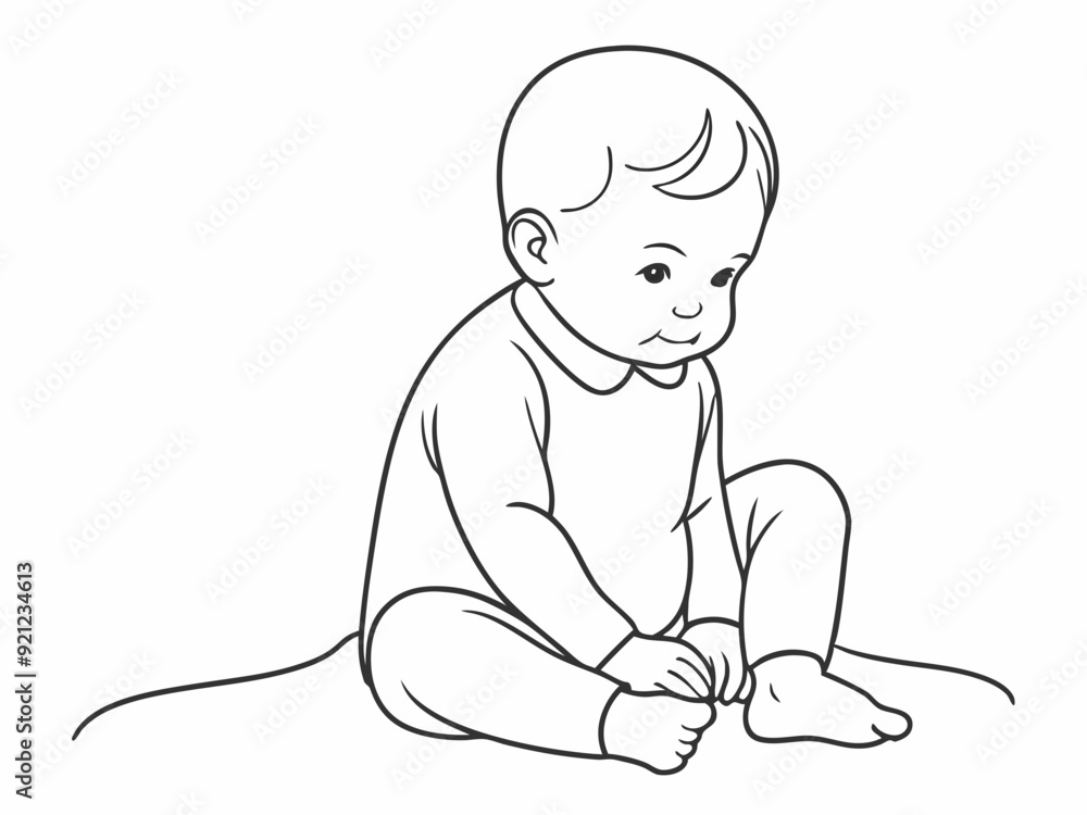 continuous single line drawing of toddler in onesie sitting on floor ...