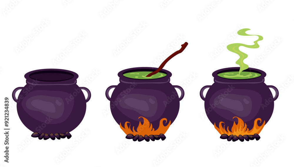 Witch's potion cauldron, three stages of bubbling witch's brew on fire ...