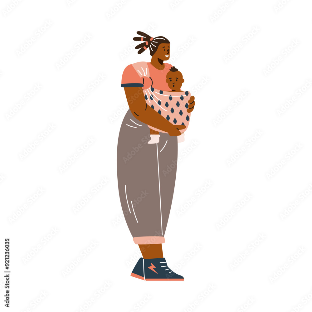 Happy young mother carrying baby in sling, vector cartoon African ...
