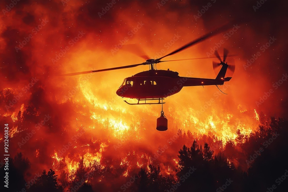 firefighting helicopter silhouetted against smoky orange sky water ...