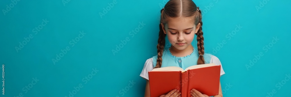 A young girl with braids is engrossed in reading a book, showcasing her ...