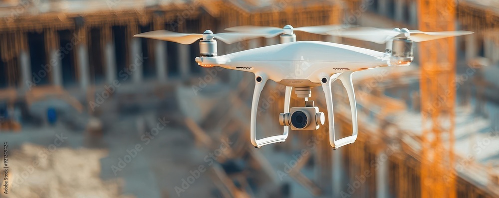AI-assisted construction site, drones scanning structures, urban ...