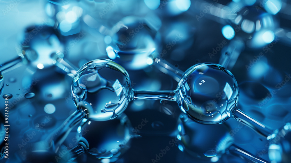 Chemisty science background with glass polymer molecule model in blue ...