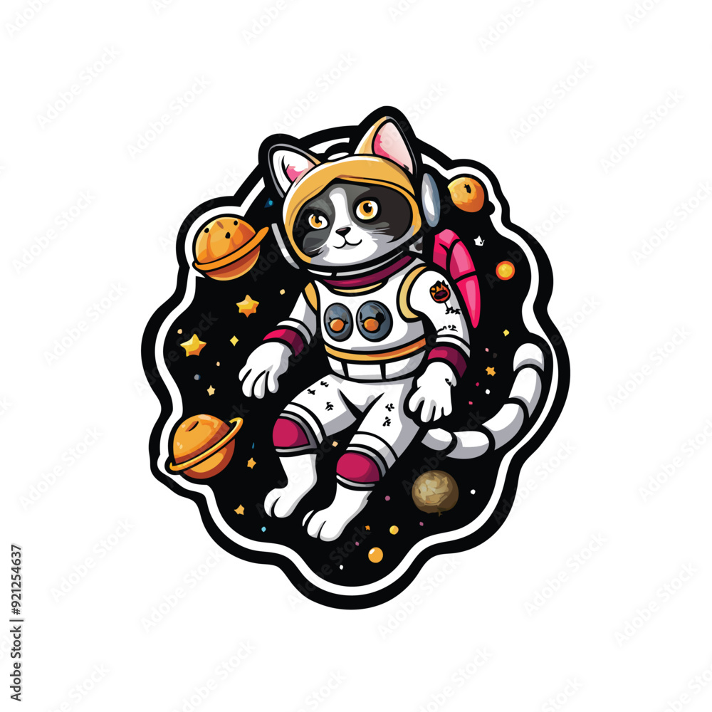 Cute cartoon cat in astronaut suit floating in space with planets and ...