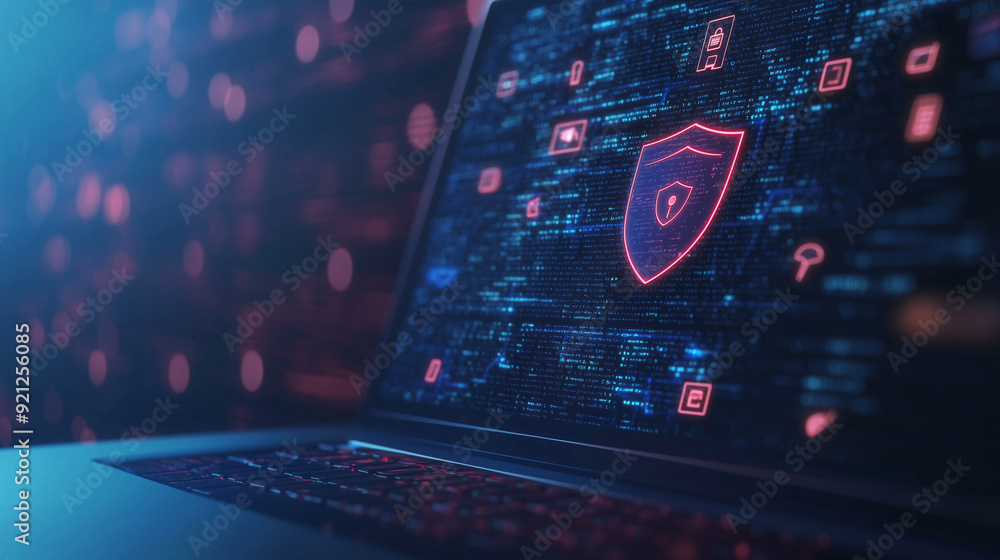 Cybersecurity-themed digital artwork featuring a shield and diverse security icons on a laptop ...