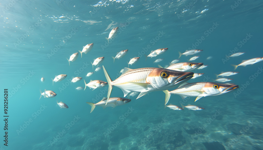 School of bonefish swimming close to the camera in shallow waters of ...