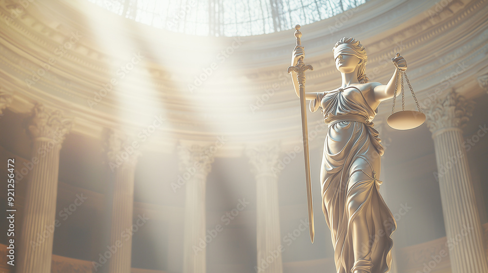 Elegant statue of Lady Justice in a majestic hall, holding scales and a ...