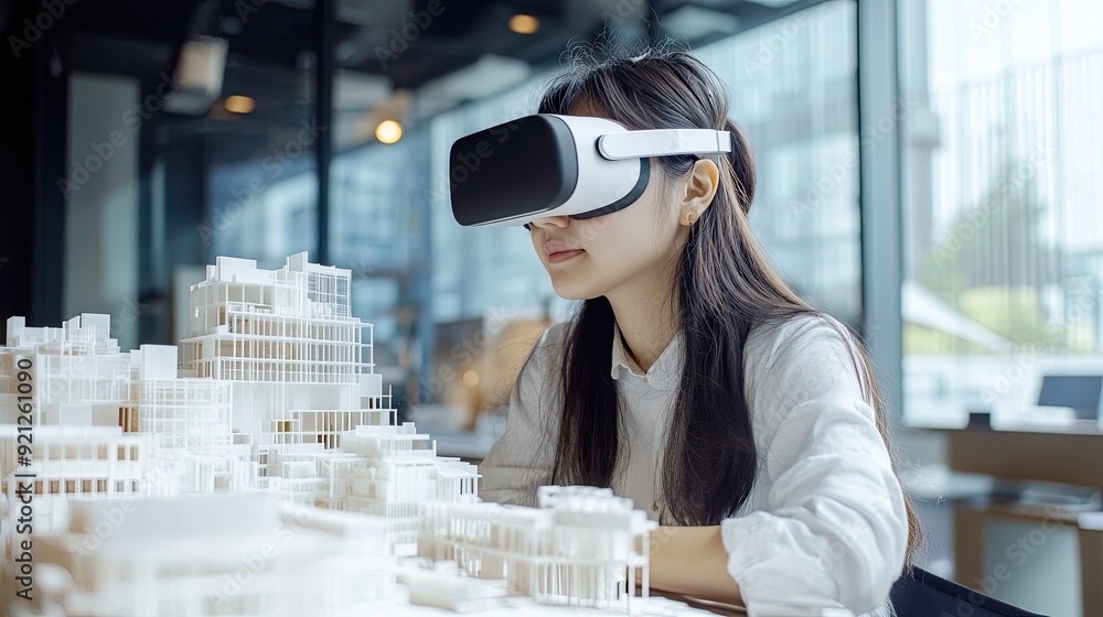 An Asian woman architect working with virtual reality to create a 3D ...