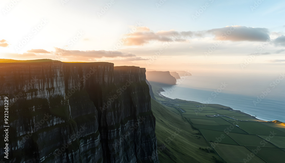 Aerial rising shot reveals the Cliffs of Moher wall lit by sunset, and ...