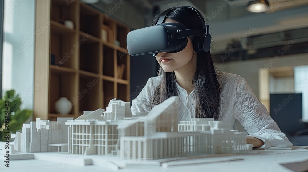 Asian female architect in VR headset designing a precast concrete ...