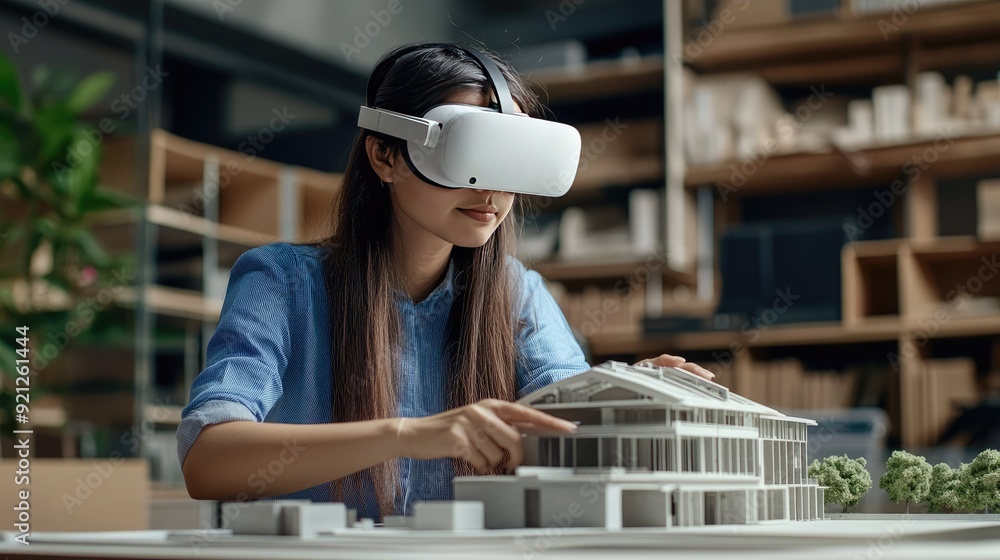 Asian female architect in VR headset designing a precast concrete ...