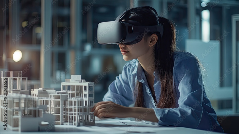 Asian female engineer with VR headset designing a 3D model of a precast ...