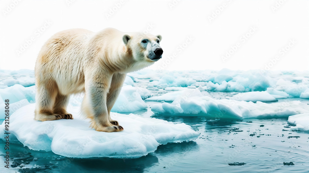 Polar bear standing on melting ice in Arctic ocean, highlighting ...