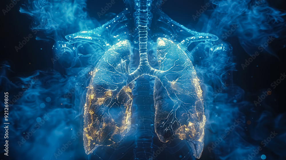 A blue and white image of a human body with a lung. The lung is shown ...