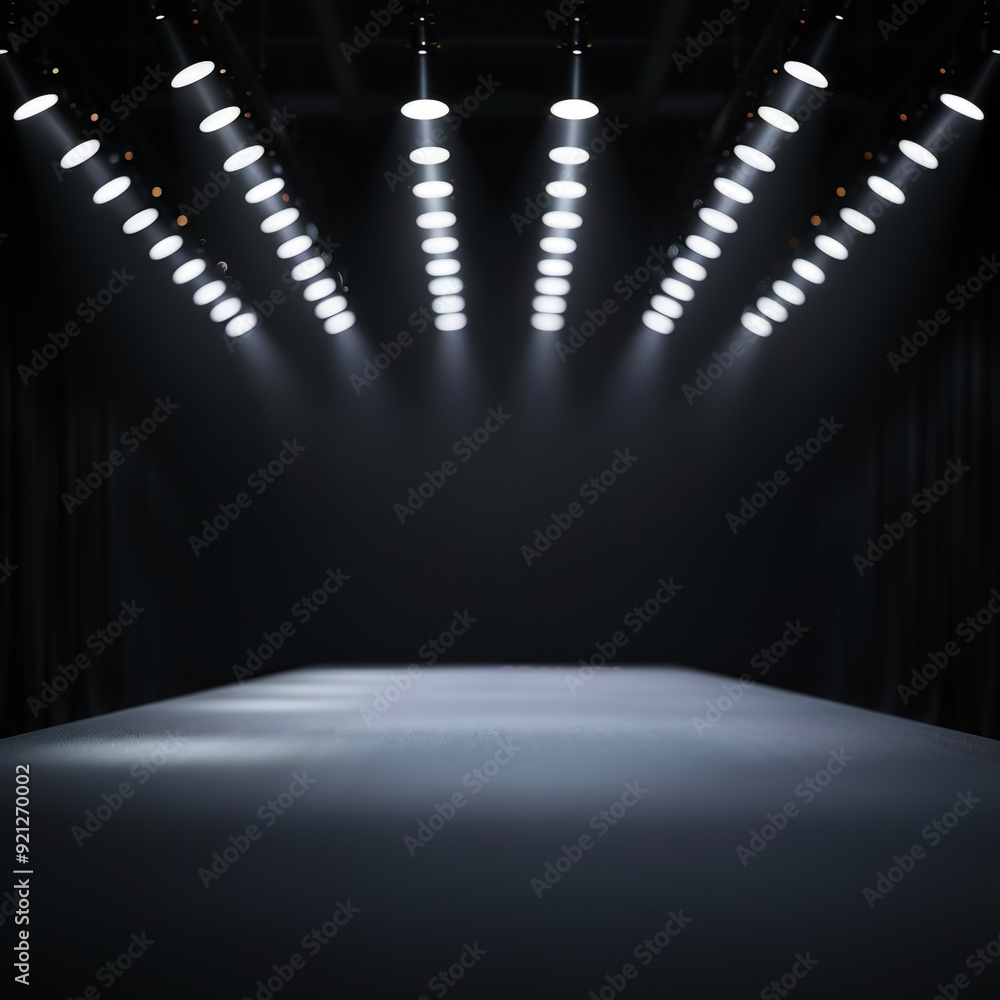 Dimly lit empty stage with spotlights, perfect backdrop for fashion ...