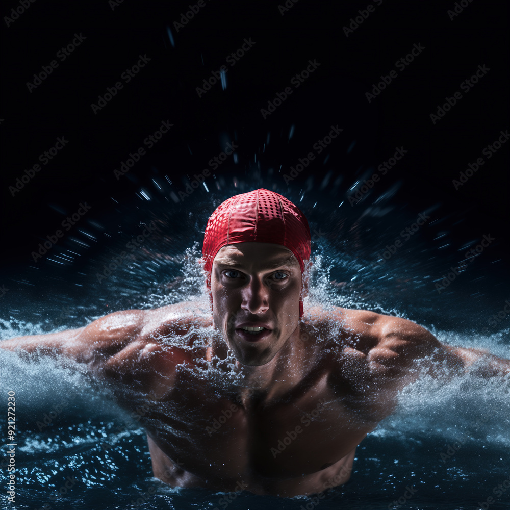 Olympic swimmer in the swimming pool. Strong male swimmer with intense ...