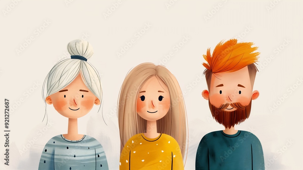 three people standing next beard children illustration solo portrait ...