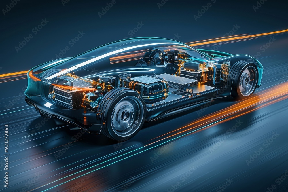 Futuristic Electric Car Driving on Dark Road, Illustrating the powerful ...