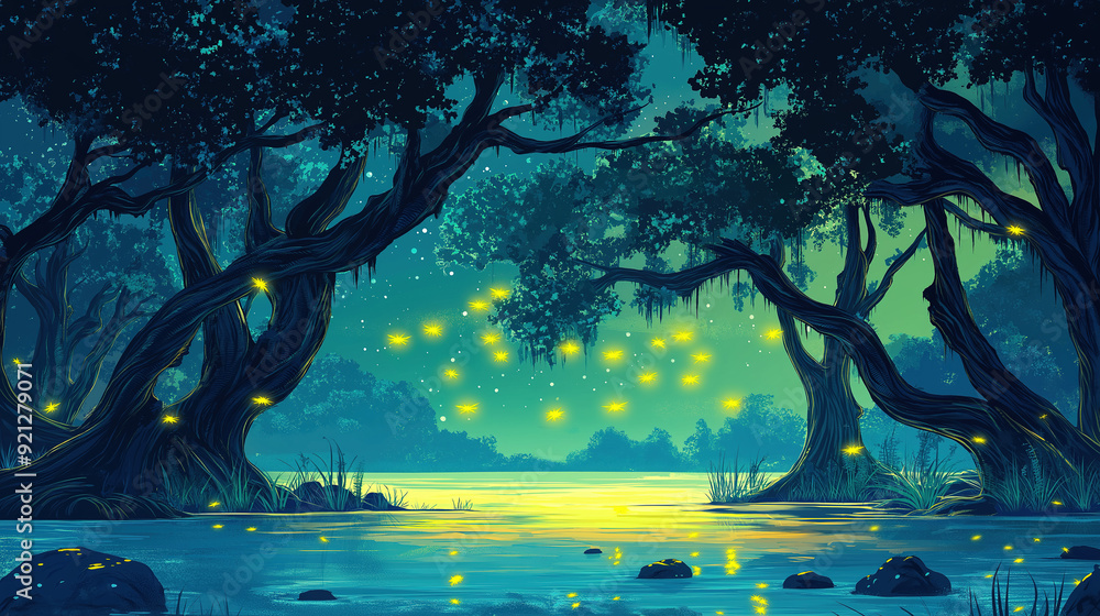 Mysterious Night Swamp with Glowing Fireflies and Mangrove Trees ...