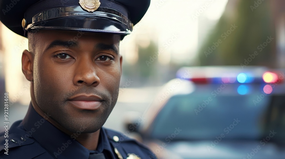 Portrait of an African American police officer on a city street, a ...