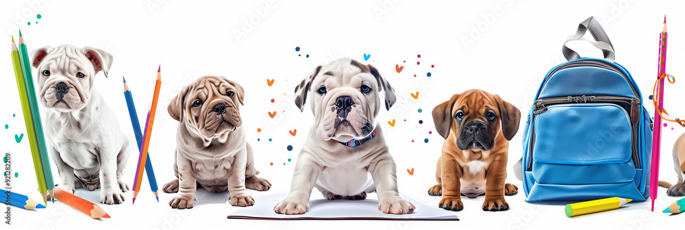 Banner with sweet brown and white bulldog puppies, pencils, heart, and ...