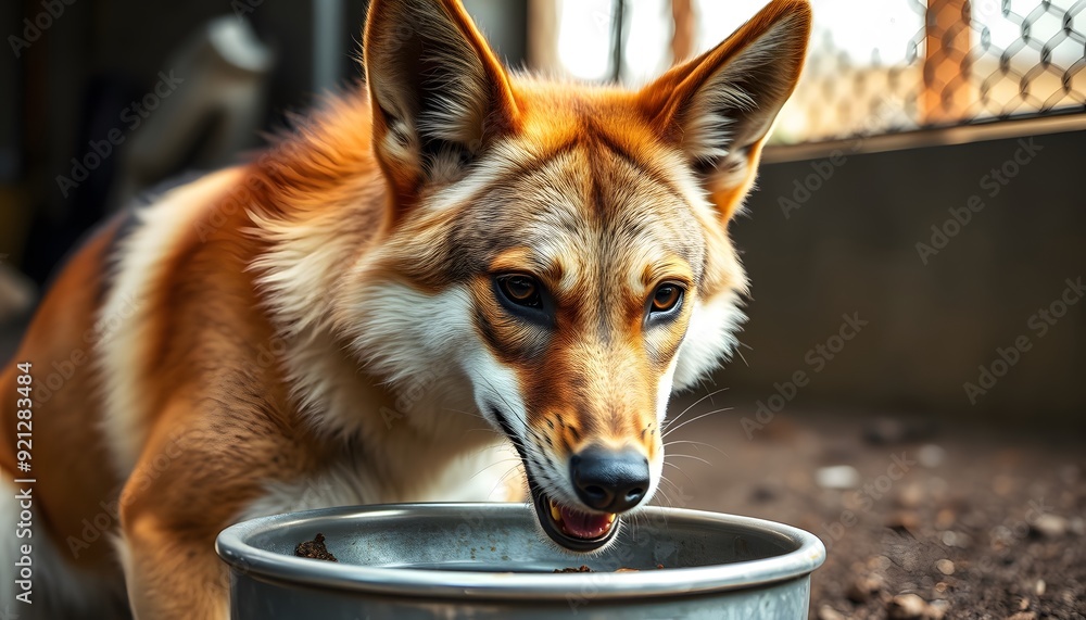 An old dingo, canis familiaris eating from the bowl in the enclosure ...