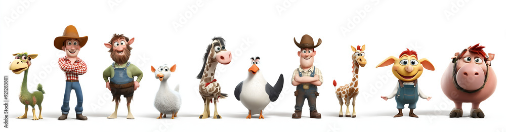3D cartoon happy farm animals farmer characters sheet white background ...