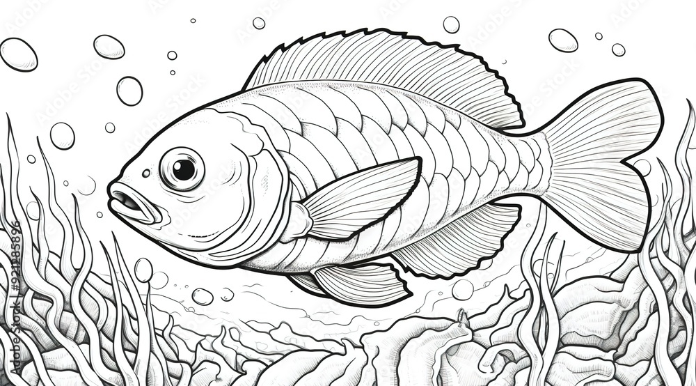 Whimsical cartoon fish characters, designed for a children's coloring ...