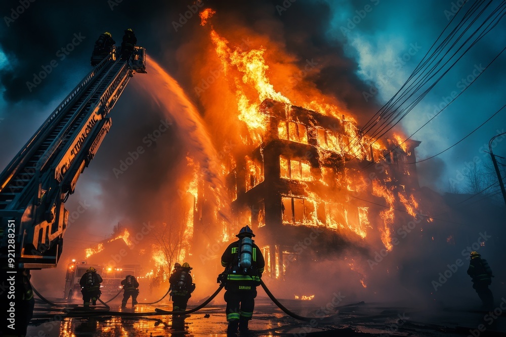 Flames and thick smoke engulf a multi-story structure as firefighters ...