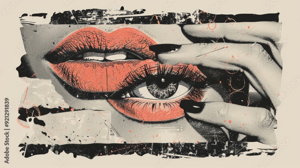 Vintage collage trend with halftone lips, eyes, hands, and ears. Retro ...