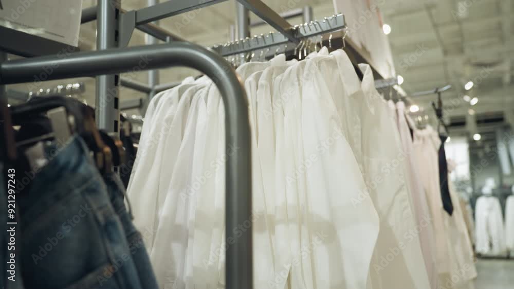A clothing store showcasing a variety of clothes on racks, including ...